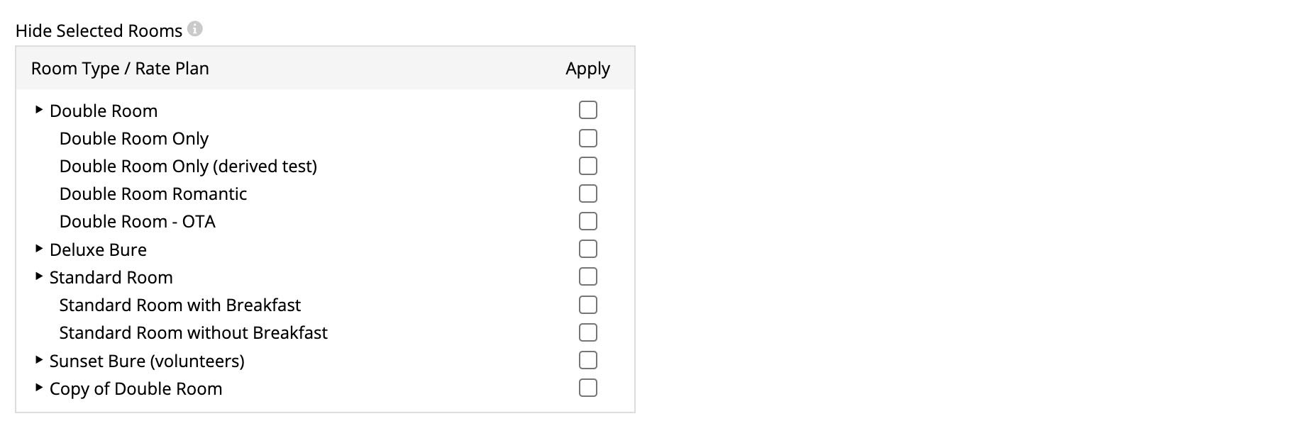 Hiding rooms and rate plans from the Booking Widget